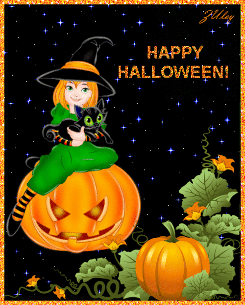 Dziewczynka z kotkiem szczęśliwego Halloween - Gify i obrazki na ...