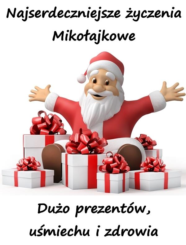 Mikołaj wśród prezentów z życzeniami - Życzenia na GifyAgusi.pl